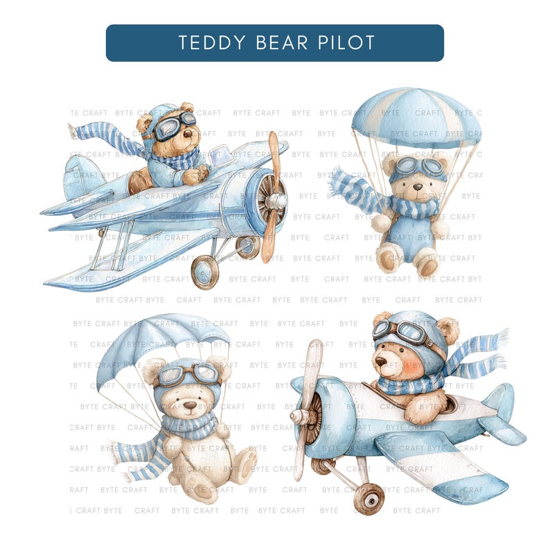 Watercolor Teddy Bear Pilot Clipart, Flying Animal Art (PNG Digital ...
