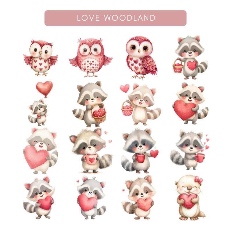 Woodland Animals Valentine's Day Clipart: Watercolor PNG (digital ...