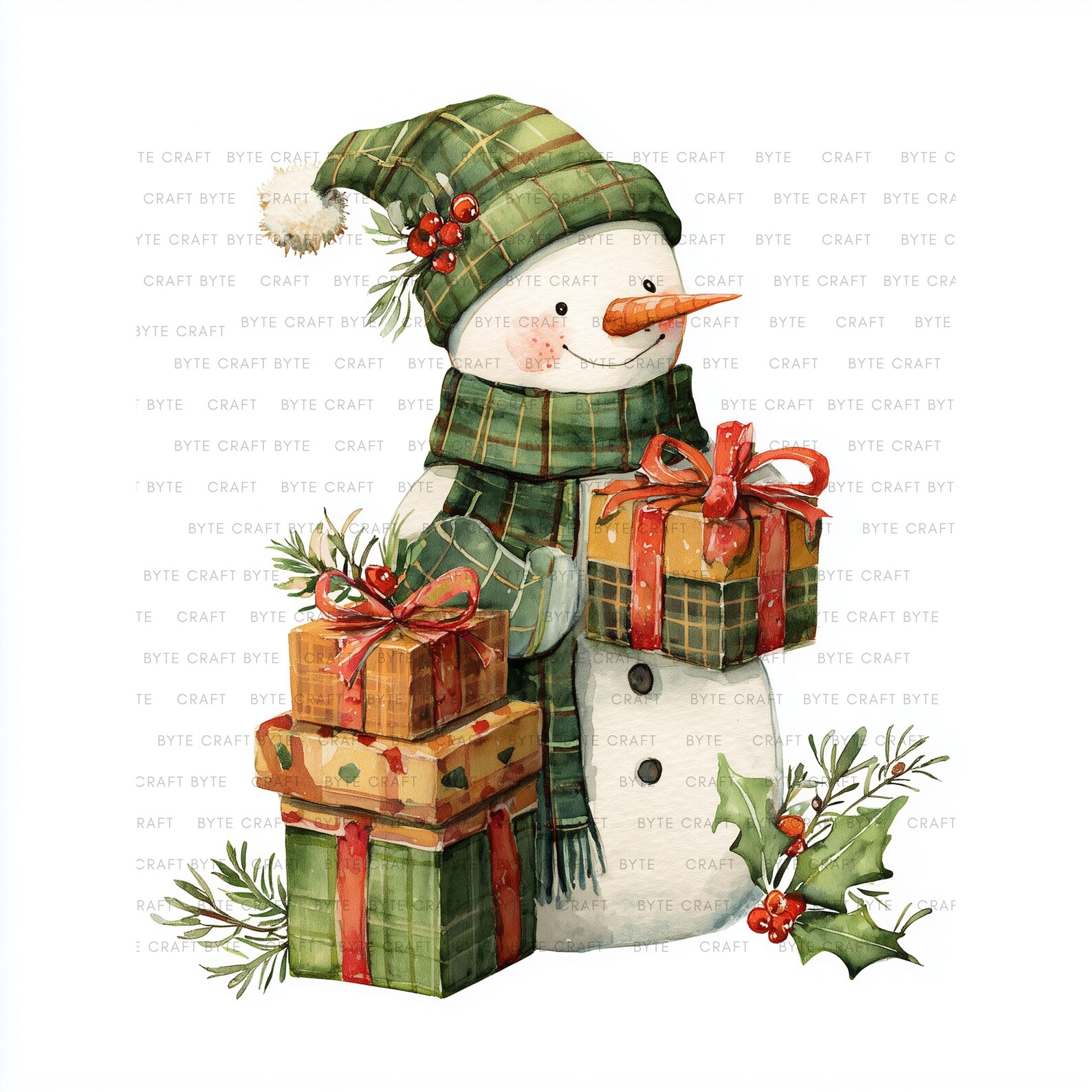 Vintage Christmas Snowman Clipart | Retro Watercolor JPG (digital ...