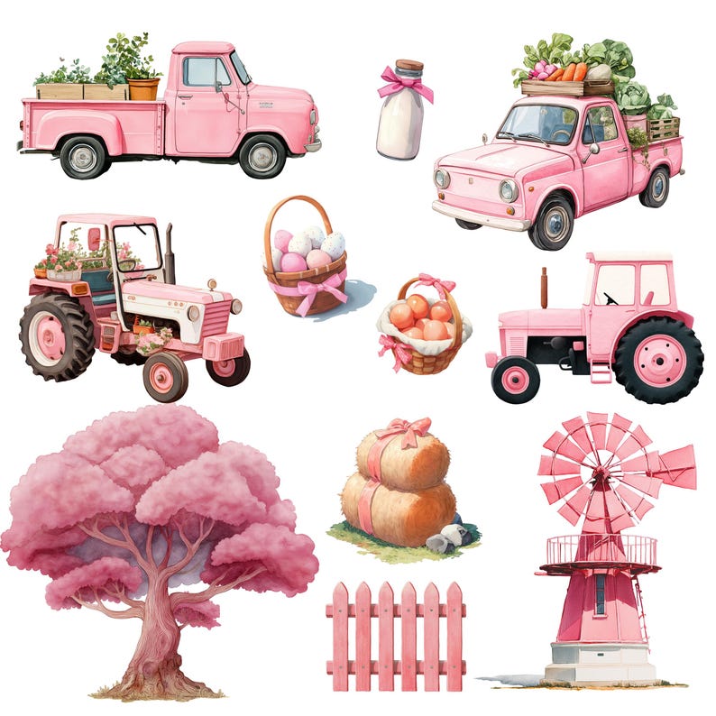 Pink Watercolor Farm Animal Clipart Cute Kawaii Farm PNG Nursery ...