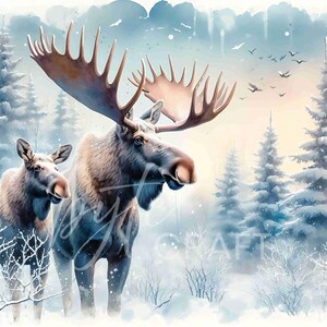 Moose Winter Forest Clipart: Snowy Woodland Scene (JPG Digital Download ...