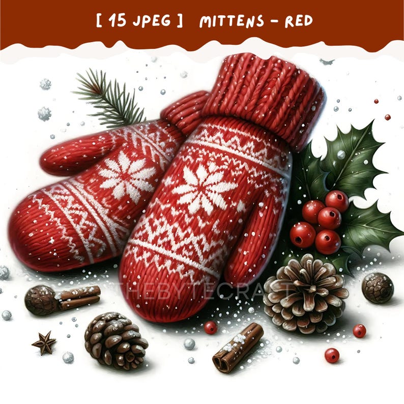 Red Christmas Mittens Watercolor Clipart Bundle (JPG Digital Download ...