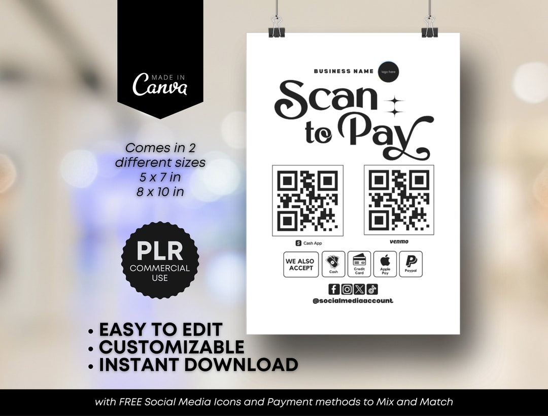 PLR Scan to Pay Sign QR Code Sign Template Printable Payment - Etsy