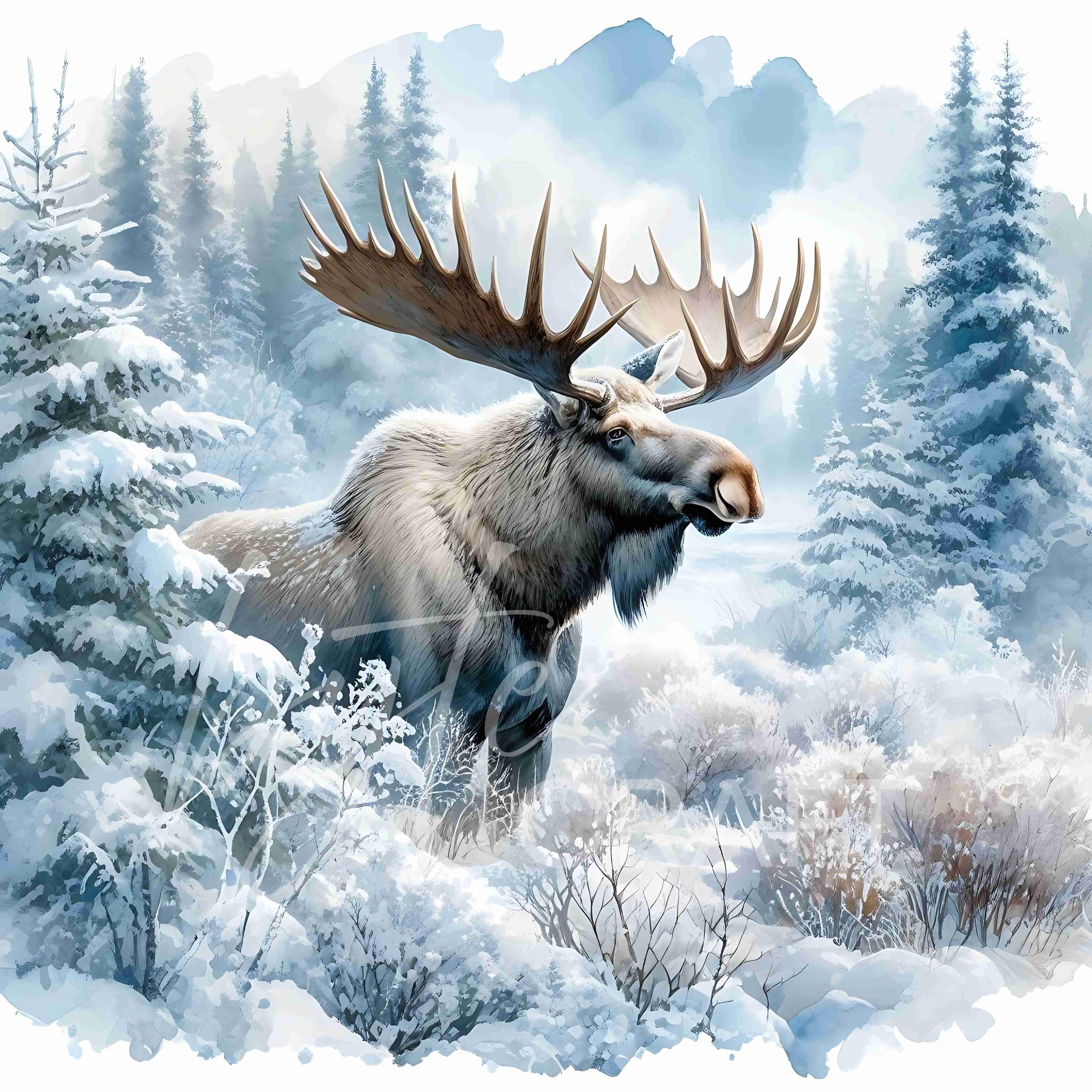 Moose Winter Forest Clipart: Snowy Woodland Scene (JPG Digital Download ...