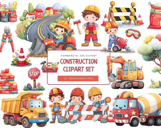 Construction Kid Clipart Bundle, Builder Vehicles Digger Excavator Dump ...