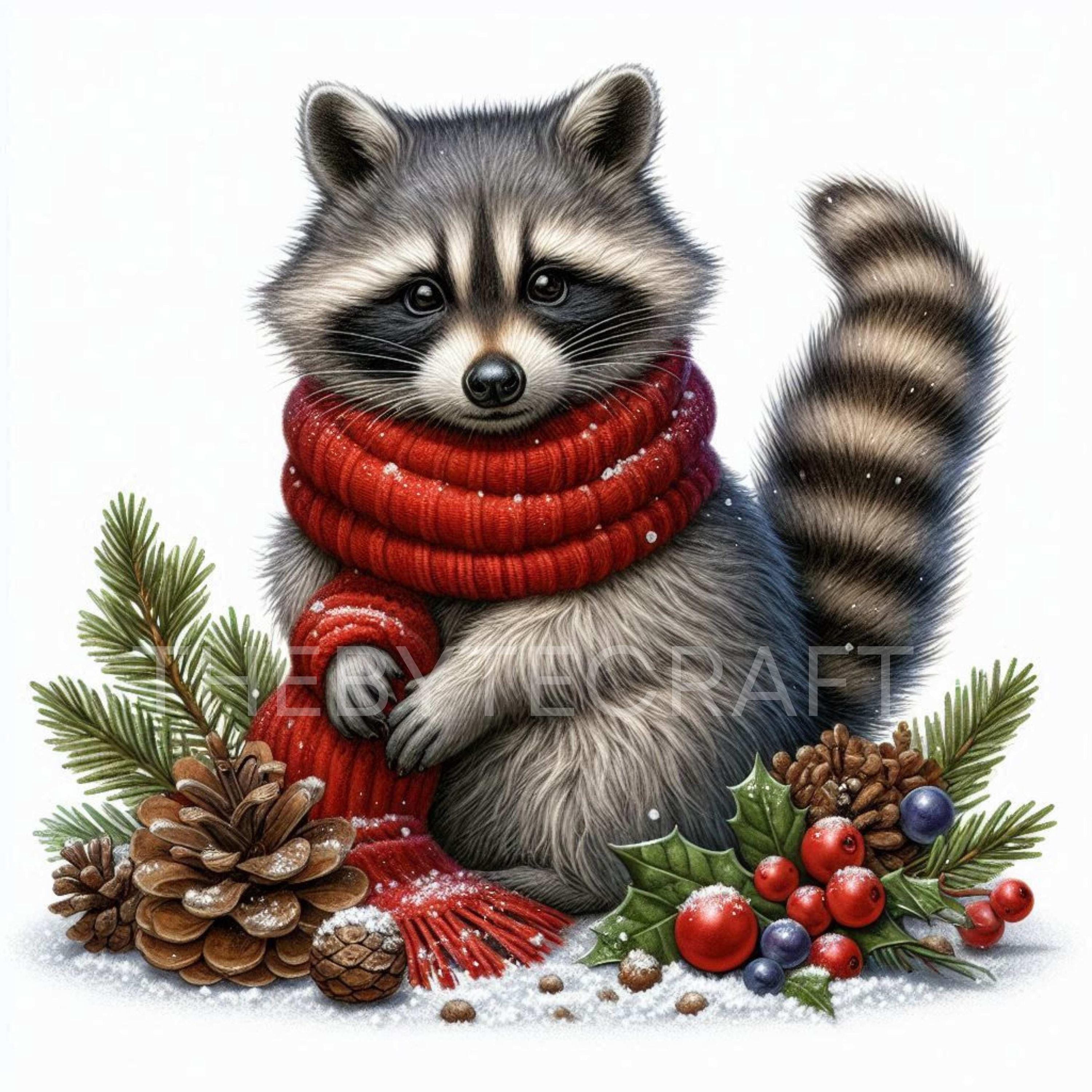 Winter Raccoon Watercolor Clipart: Farmhouse Christmas JPG (digital ...