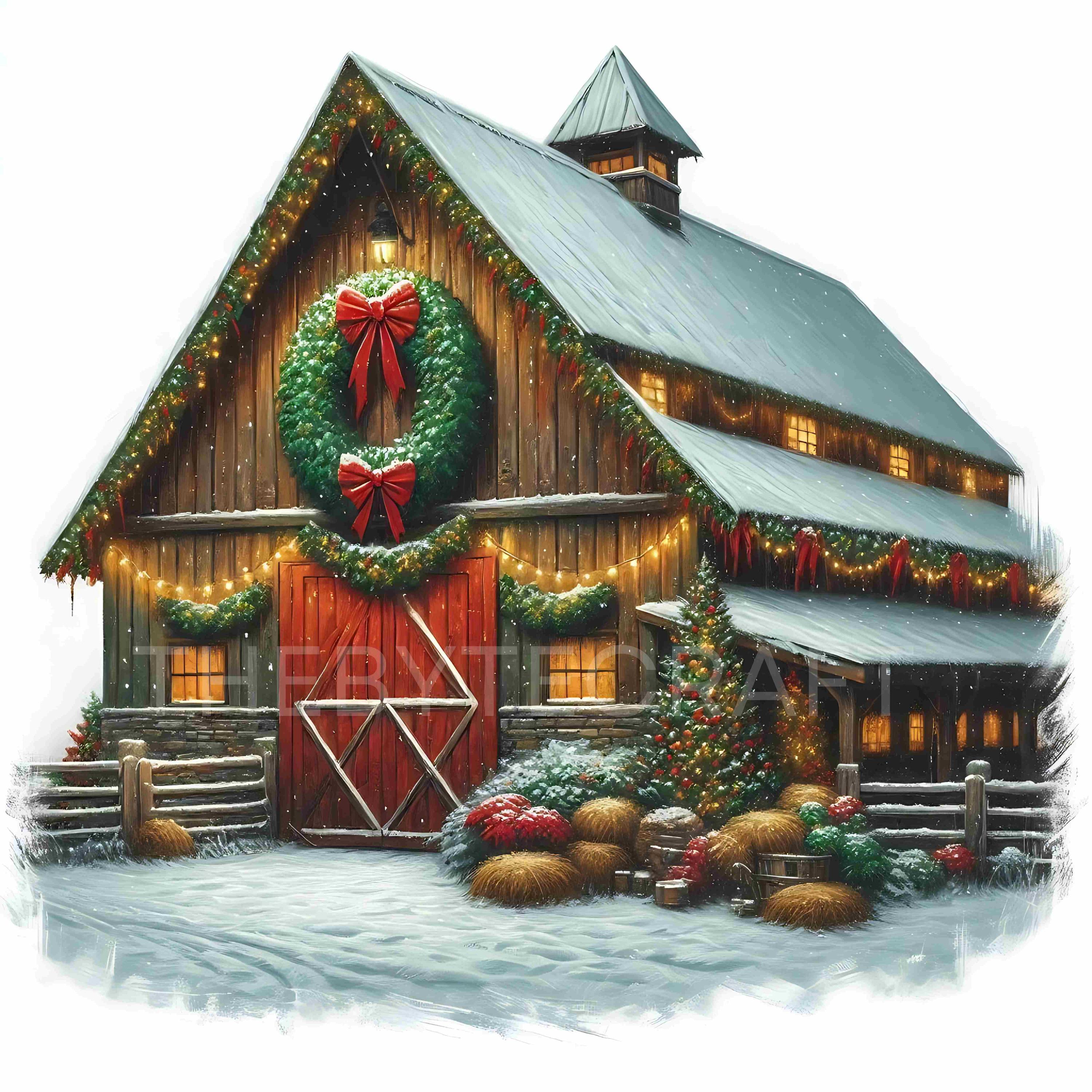 Christmas Barn Watercolor Clipart: Farmhouse Christmas JPG (digital ...