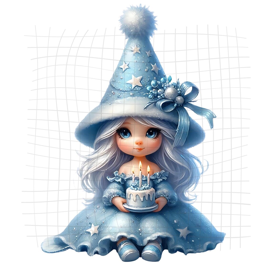 Blue Birthday Princess Gnome Clipart: Watercolor JPG Images (digital ...