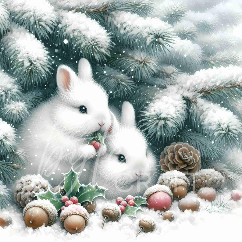 Winter Bunny Clipart Set: Snowy Forest Scene, Nursery Decor (JPG ...