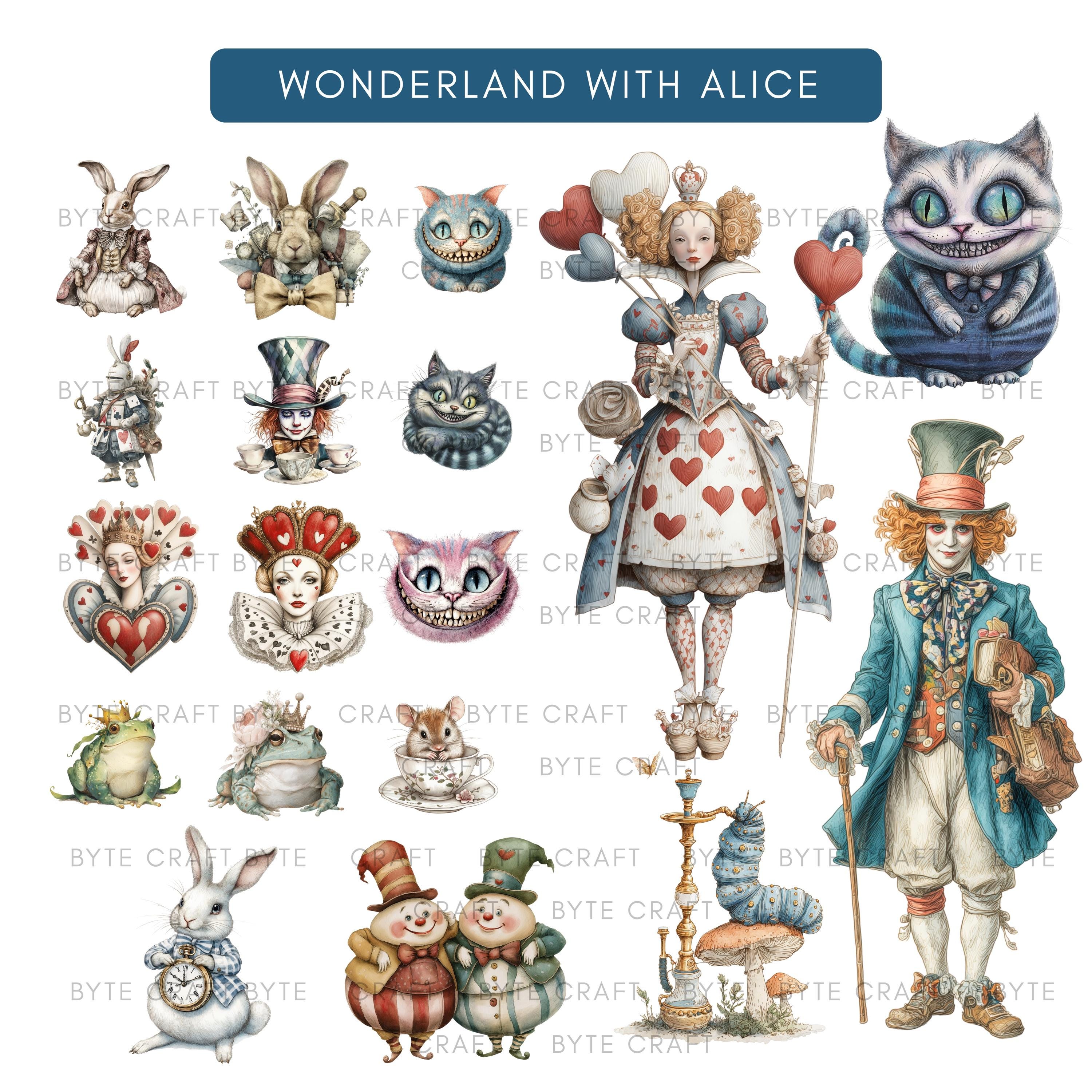 Watercolor Alice Wonderland Clipart Bundle: 90 PNG Images (instant ...