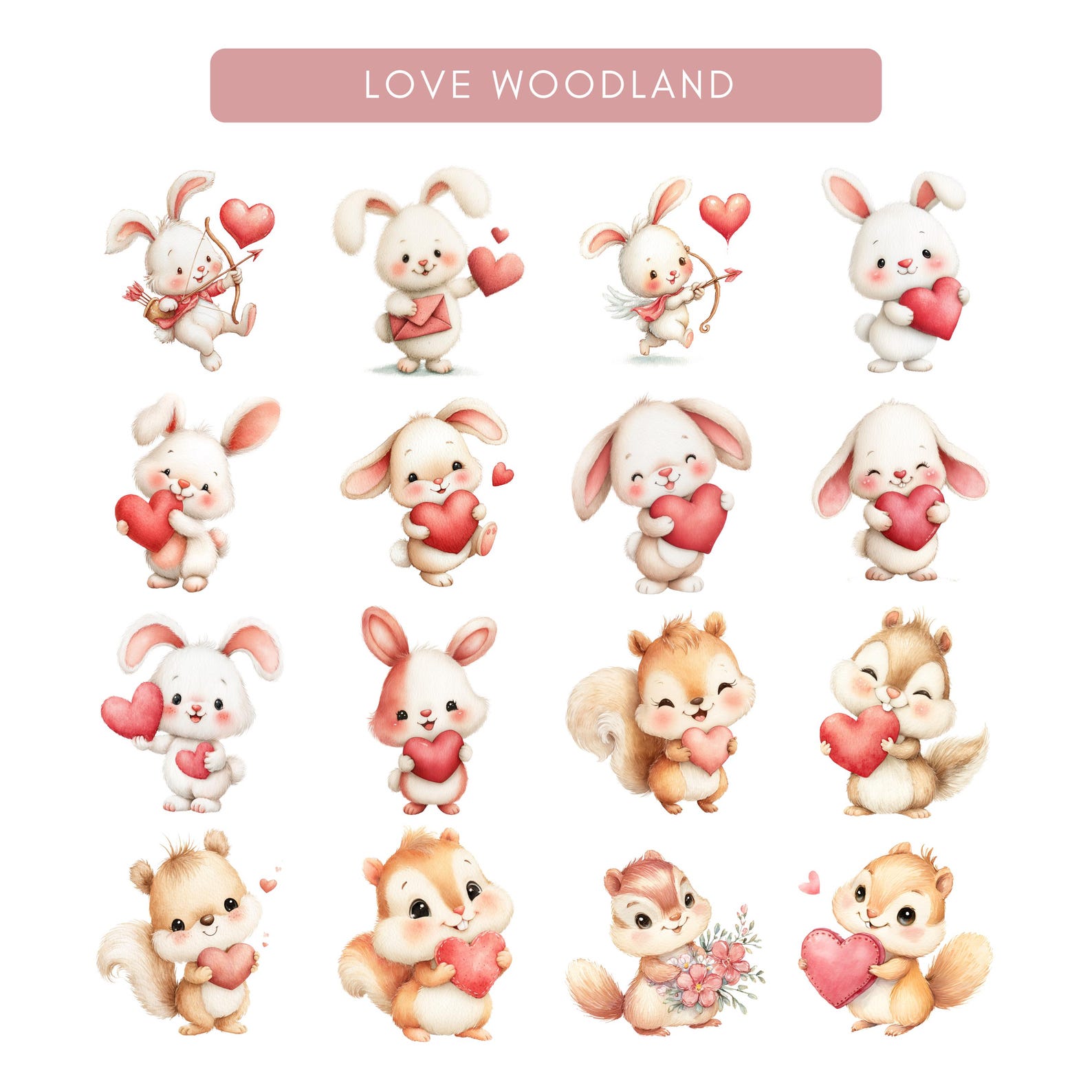 Woodland Animals Valentine's Day Clipart: Watercolor PNG (digital ...