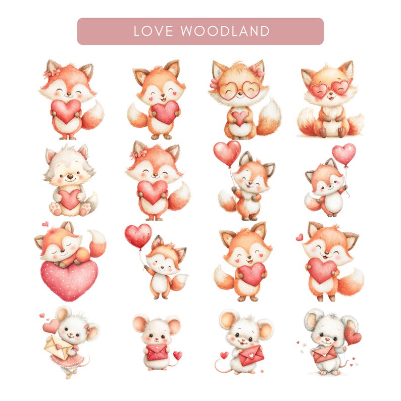Woodland Animals Valentine's Day Clipart: Watercolor PNG (digital ...