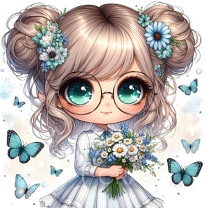Chibi Butterfly Girl Sticker Clipart Flower Girl Vintage Watercolor ...