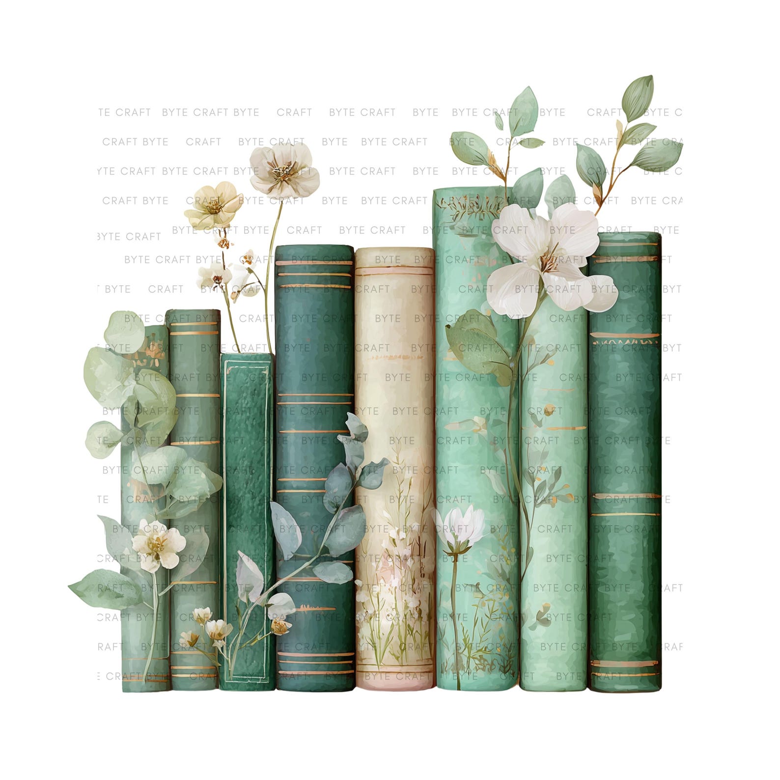 Watercolor Floral Book Stack Clipart: Green Books PNG (digital Download ...
