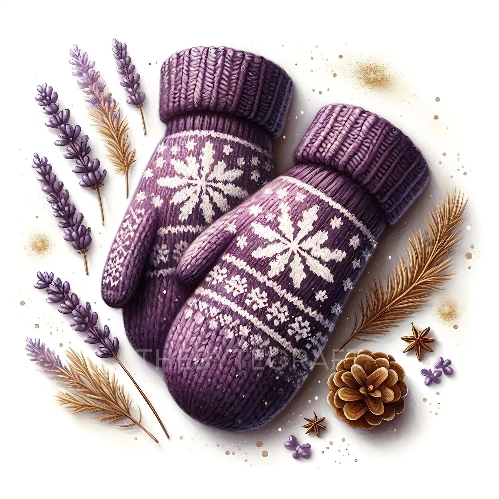 Purple Winter Mittens Watercolor Clipart: Christmas Farmhouse Style ...