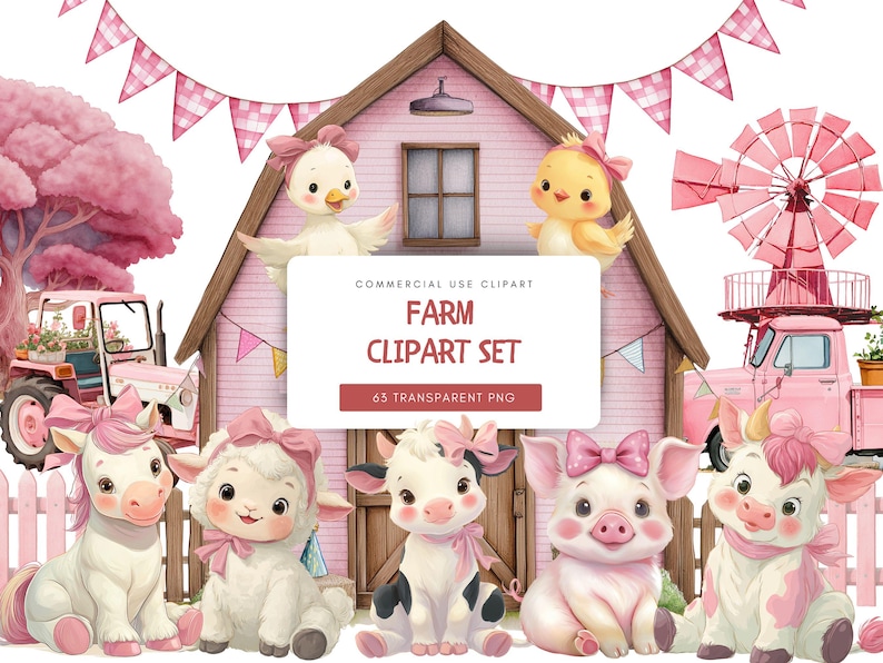 Pink Watercolor Farm Animal Clipart Cute Kawaii Farm PNG Nursery ...
