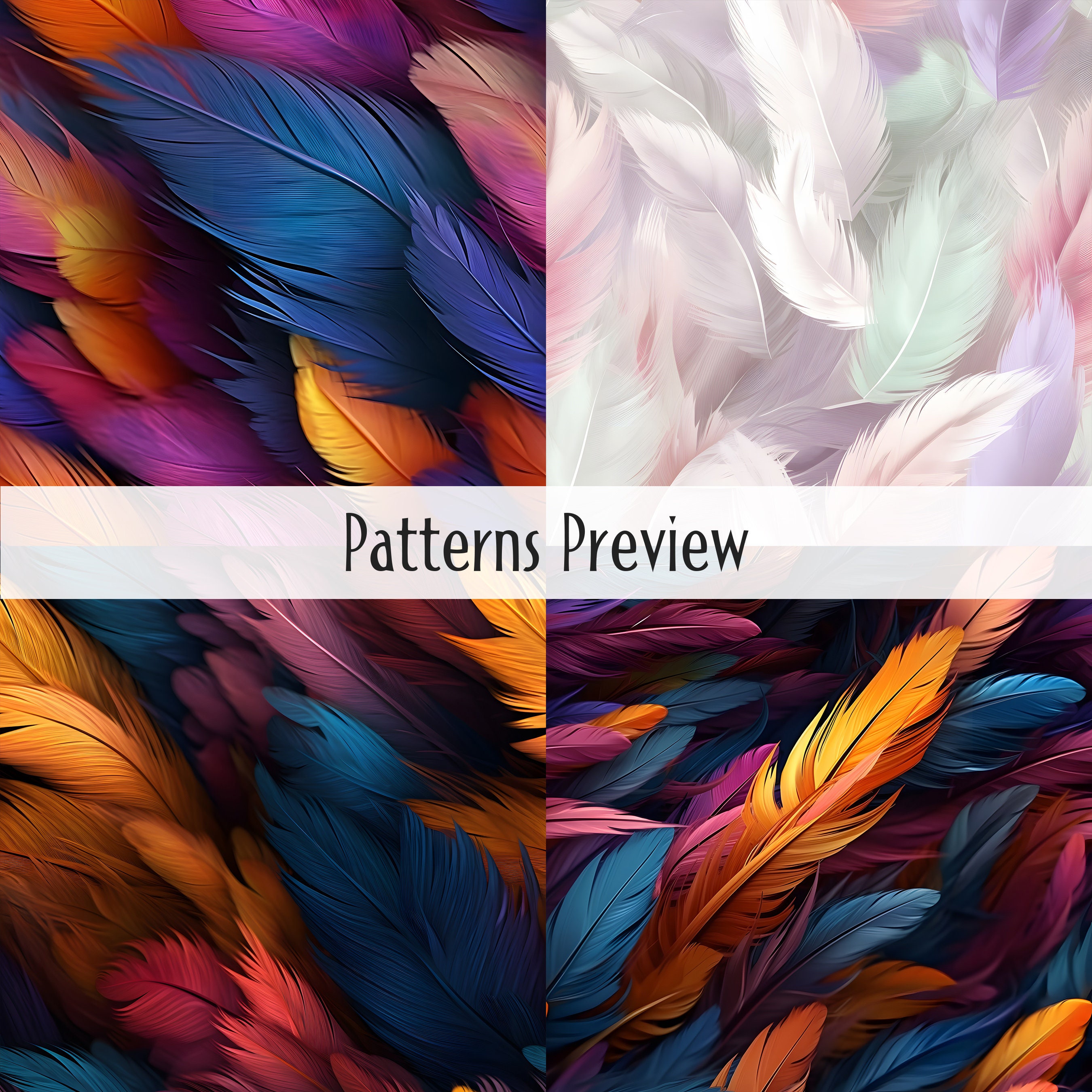 Realistic Feathers Seamless Patterns, Digital Paper, High Resolution, Colorful Seamless Patterns ...