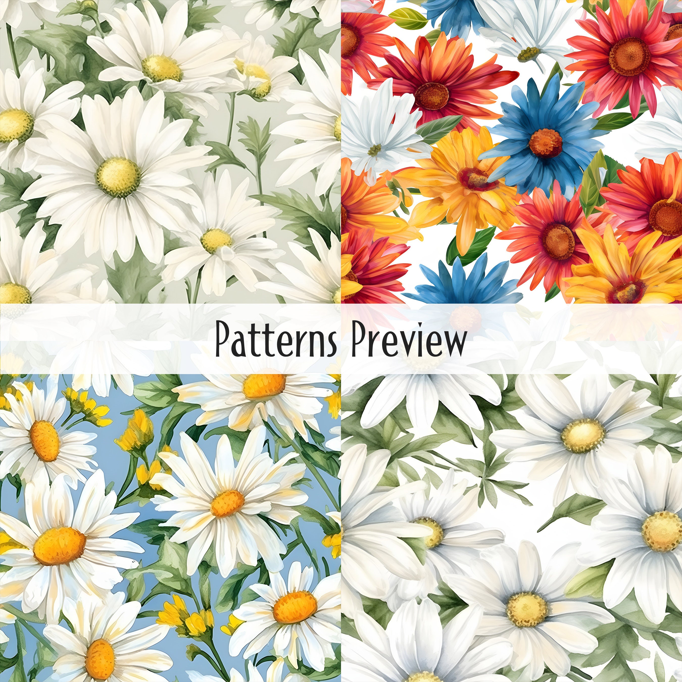 Realistic Daisy Flowers Seamless Patterns, Digital Paper, High ...