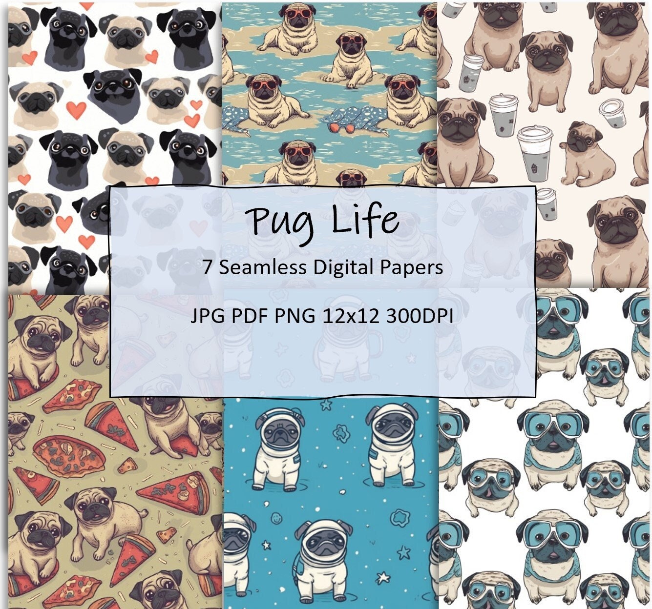 Cute Pug Digital Paper, Black Pug and Fawn Pug Seamless Patterns ...