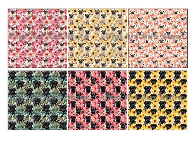 Watercolour Pug Digital Paper, Black Pug, Floral Seamless Repeat ...