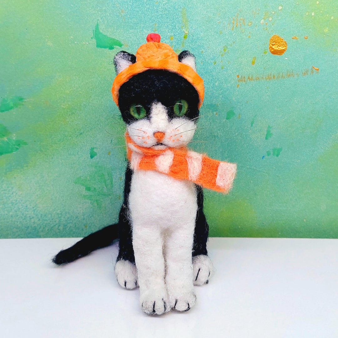 Handmade Felted Tabby Cat, Soft Wool Sculpture, Kitten Figure With Hat ...