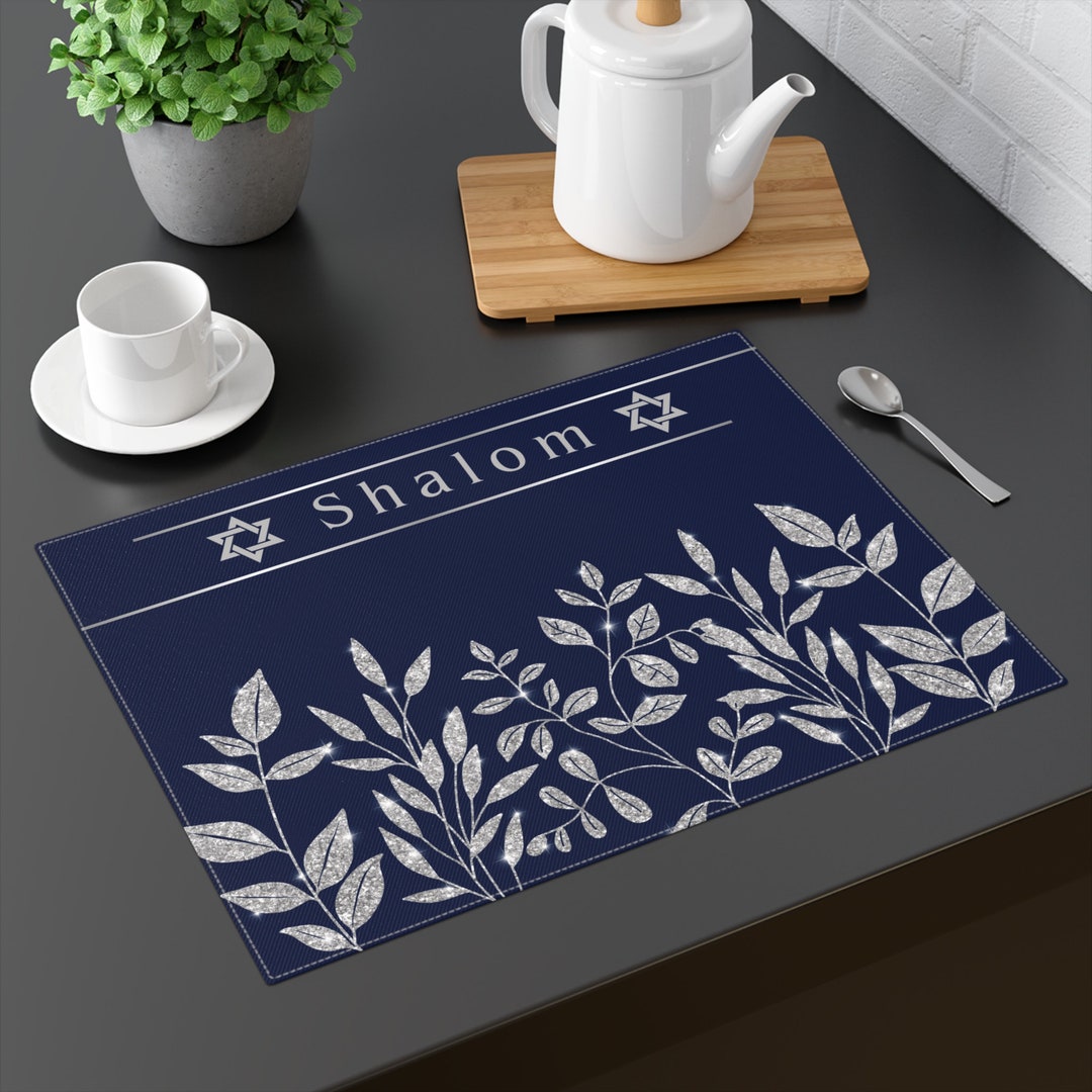 Shalom Blessing With Stars of David and Silver Flowers Cotton Placemat ...