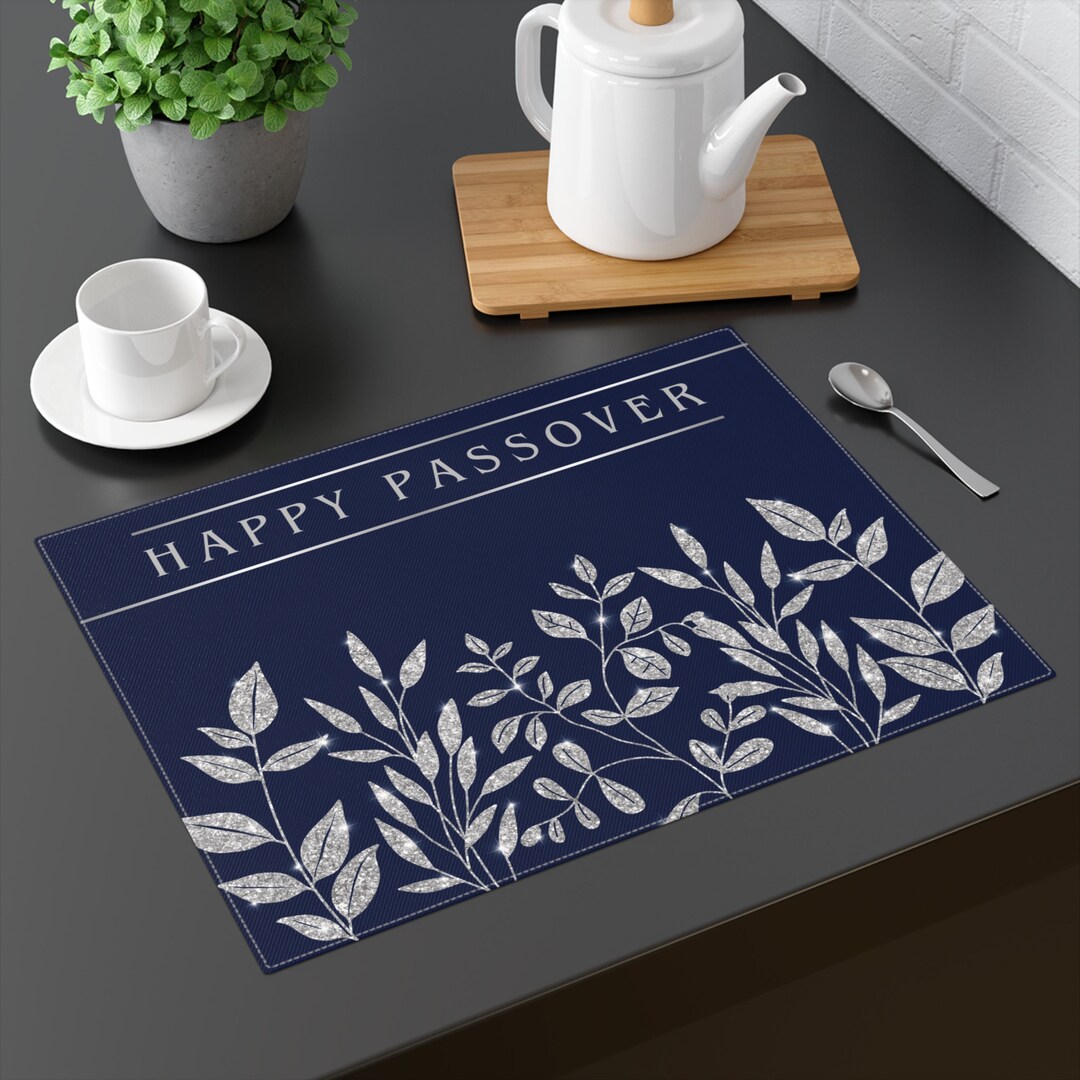 Happy Passover Luxury Placemat Blue With Silver Flowers Elegant Jewish ...