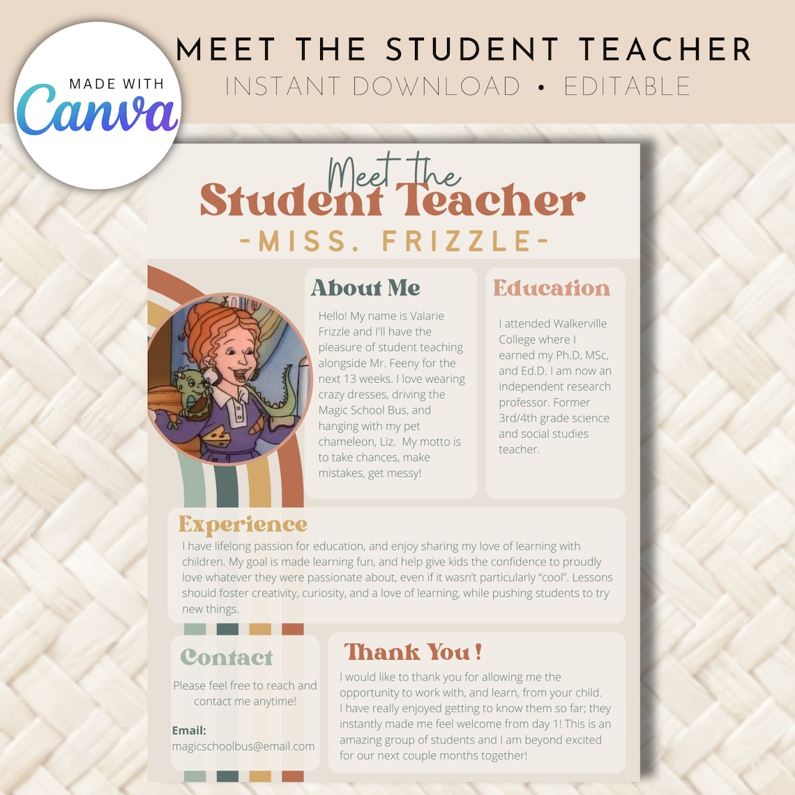 Meet the Student Teacher Letter, Canva Editable Template, Digital, Boho ...