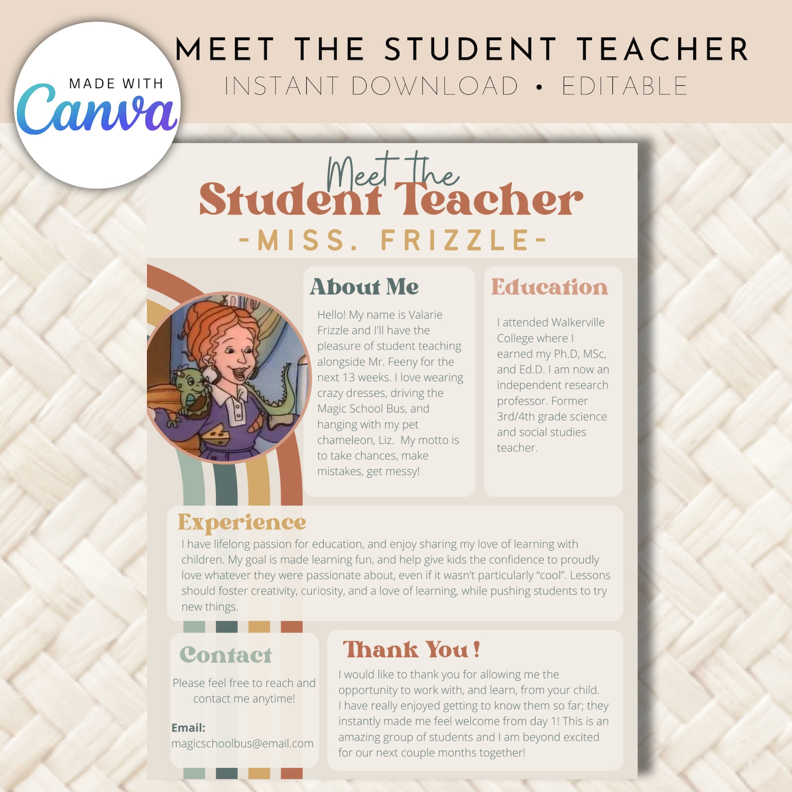 Meet the Student Teacher Letter, Canva Editable Template, Digital, Boho ...