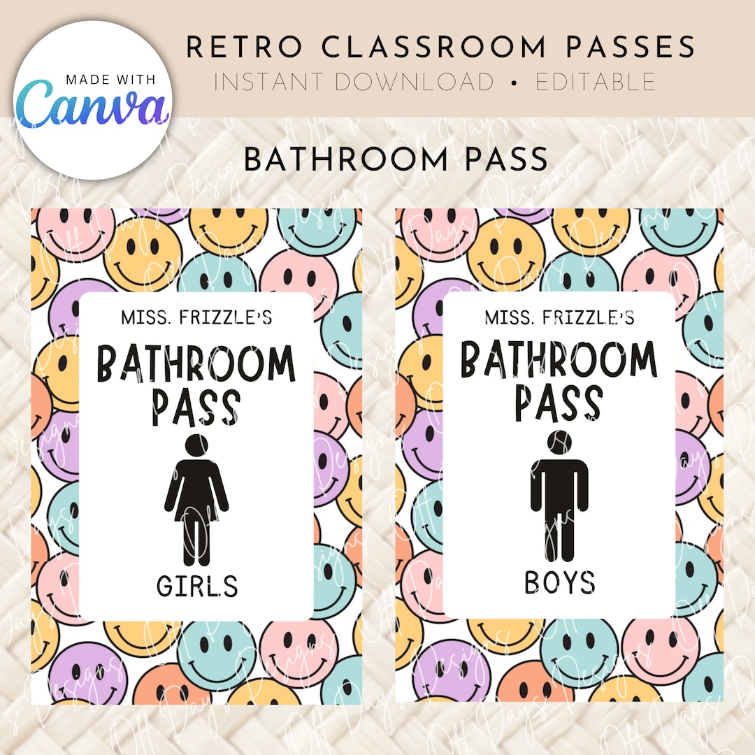 Retro Theme Classroom Bathroom/hall Passes for Teachers, Canva Editable ...