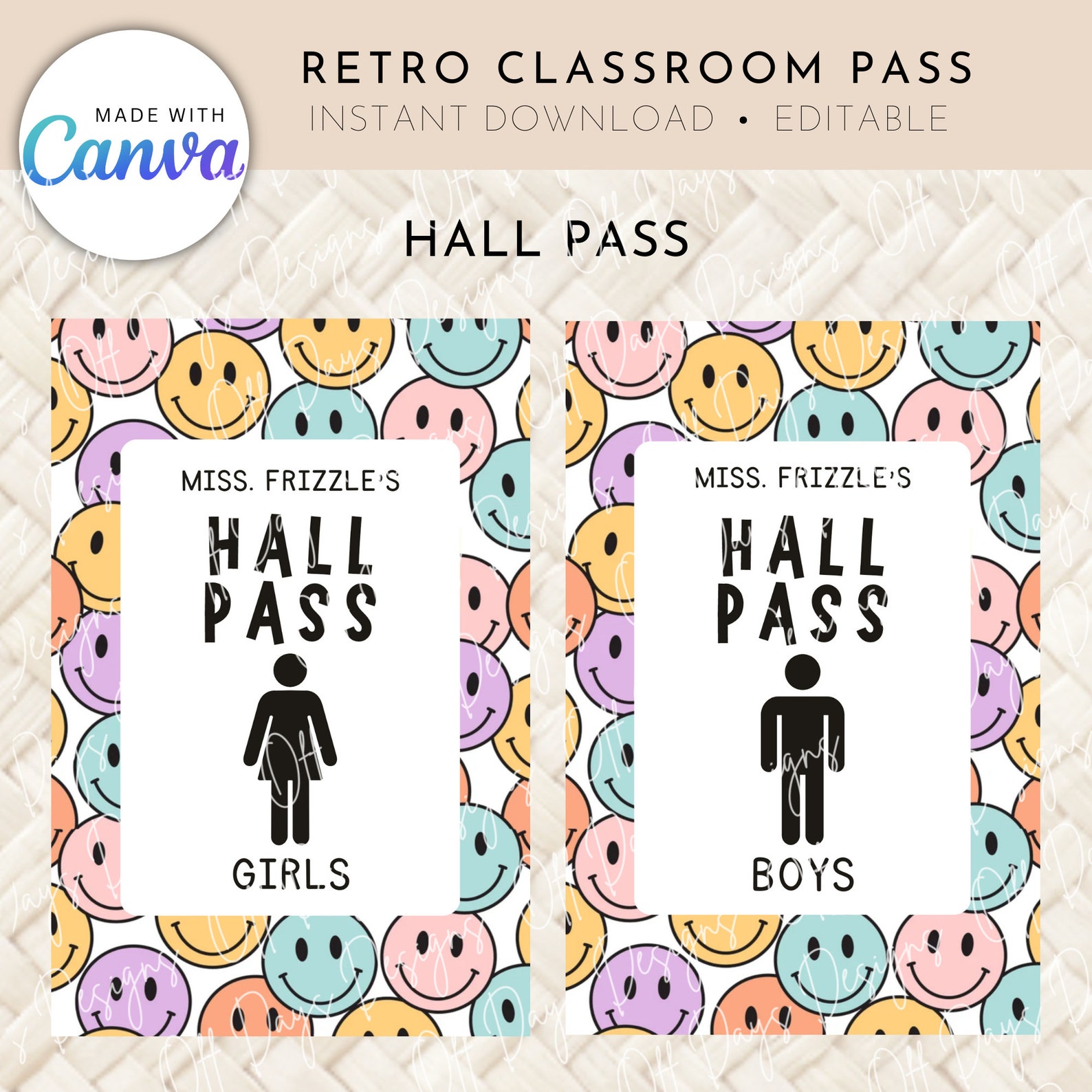 Retro Theme Classroom Bathroomhall Passes For Teachers Canva Editable Template Digital