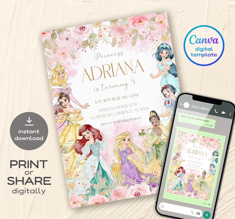 Princess Birthday Invitation, Girl Editable Invite Template, Castle ...