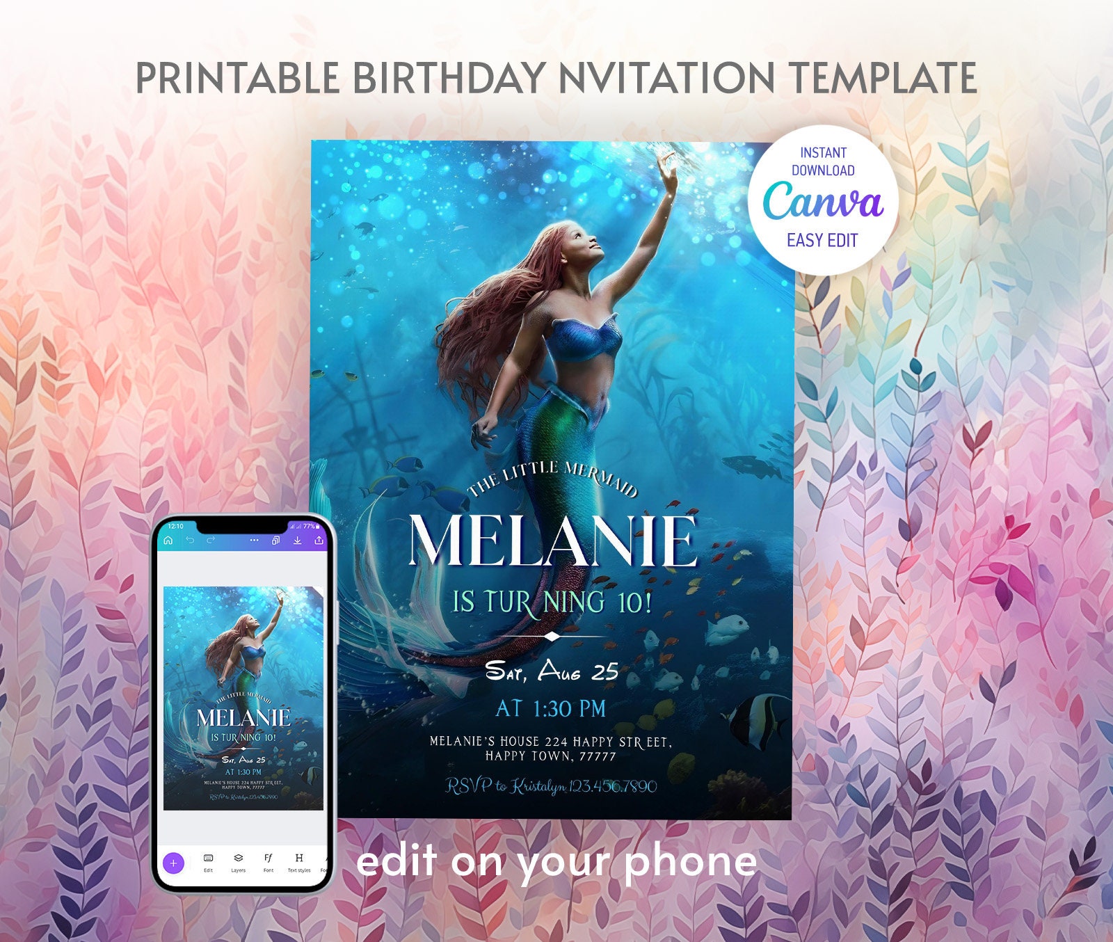 Printable Birthday Invite, the Little Mermaid Printable Invitation ...
