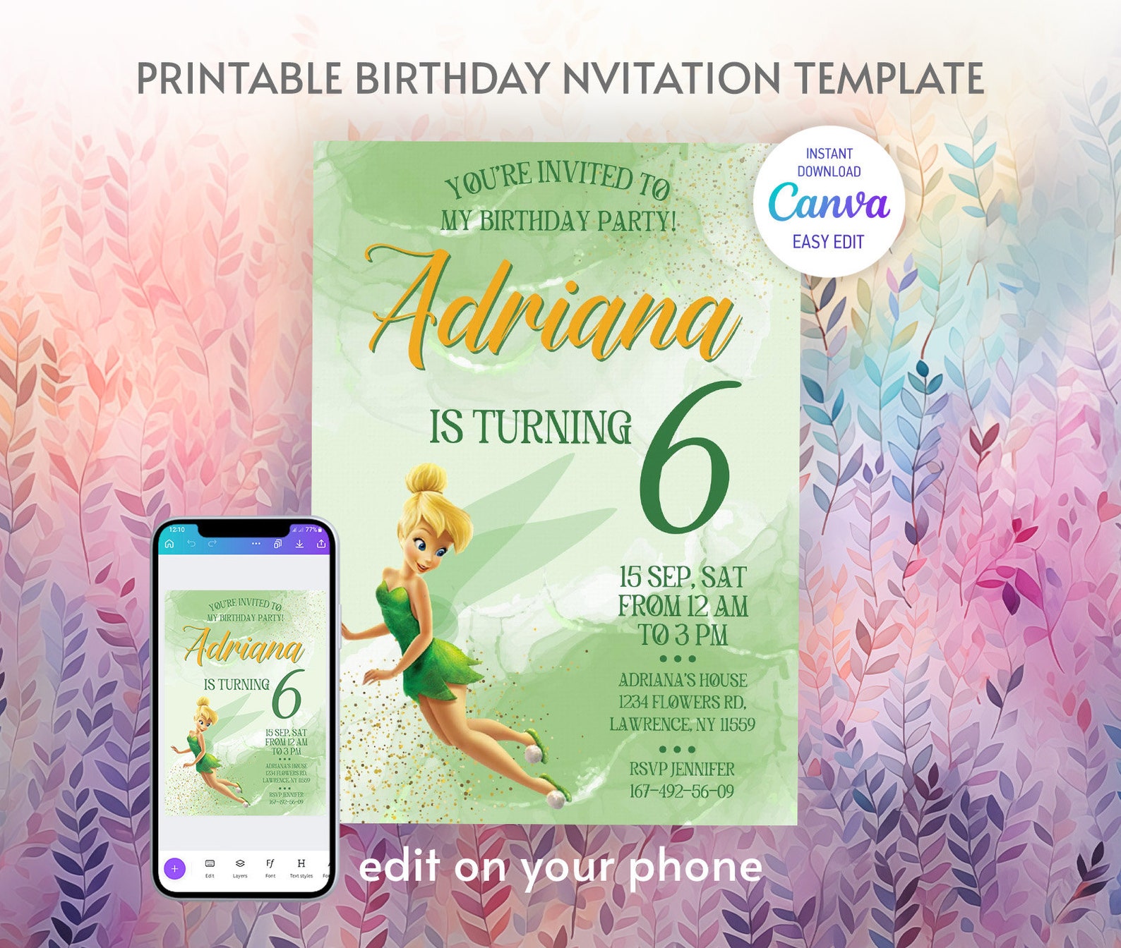 Printable Fairy Tinkerbell Fairy Birthday Invitation, Tinker Bell ...