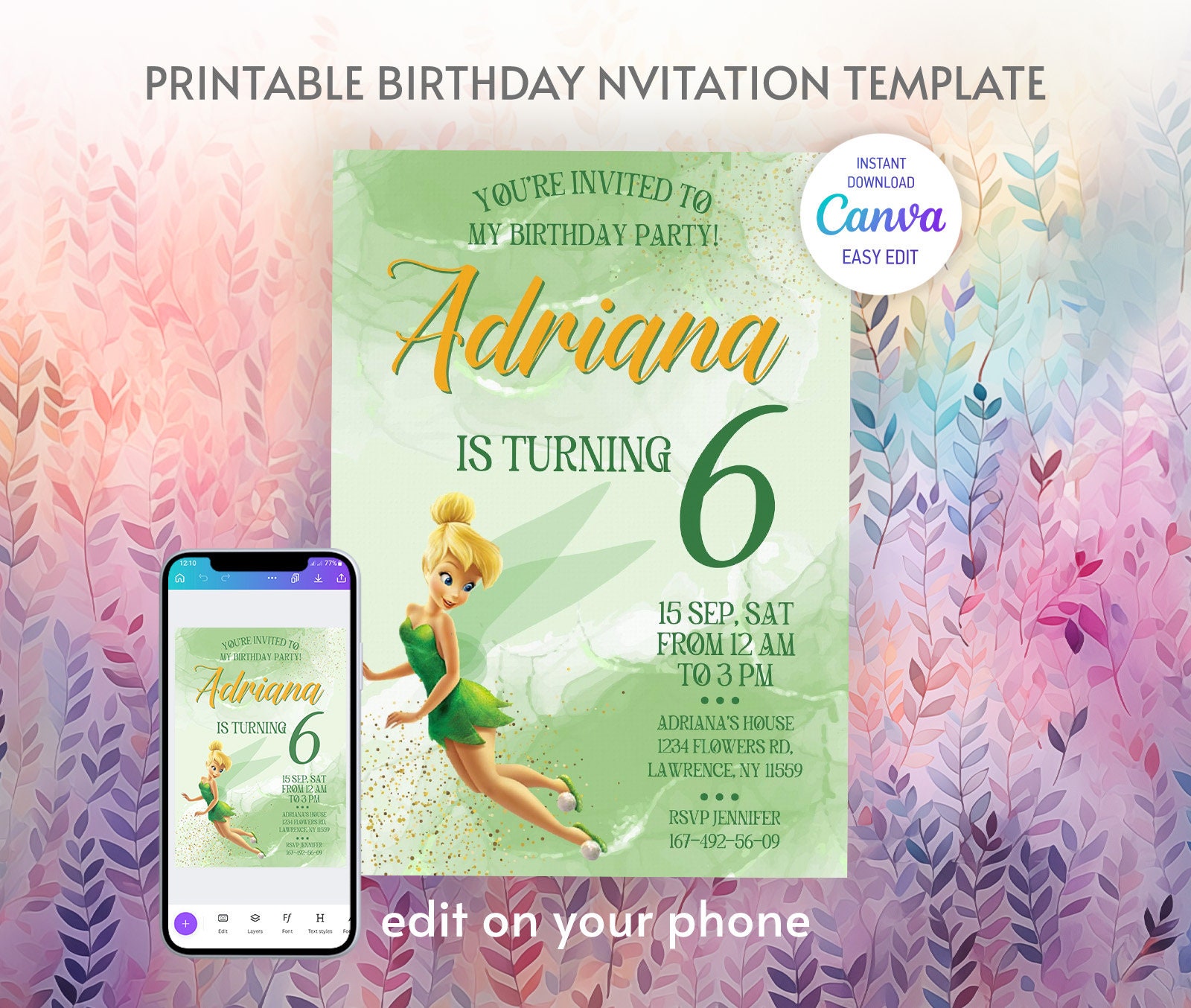 Printable Fairy Tinkerbell Fairy Birthday Invitation Tinker Bell
