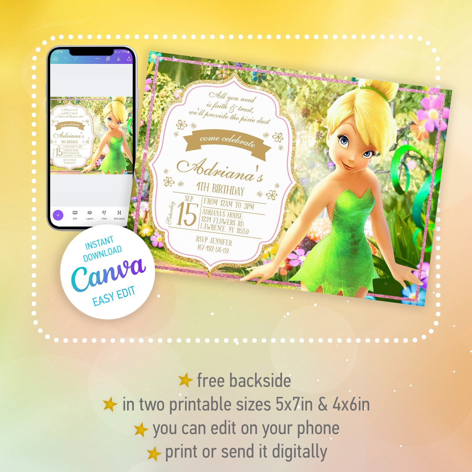 Printable Fairy Tinkerbell Fairy Birthday Invitation Tinker Bell
