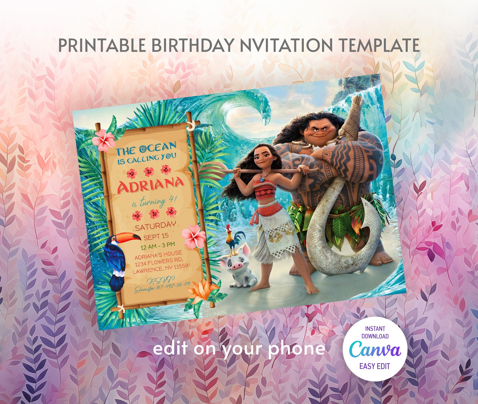 Moana Invitation, Printable Birthday Invitation, Editable Invitation ...