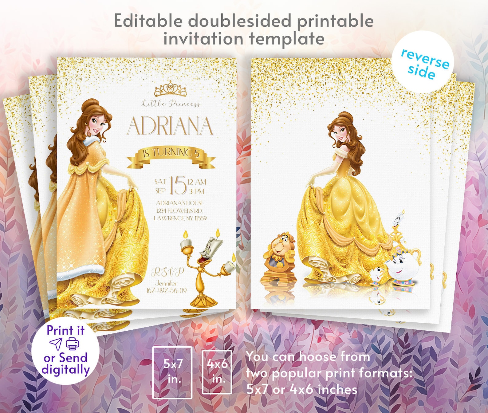 Princess Belle Birthday Invitation, Girl Editable Invite Template ...