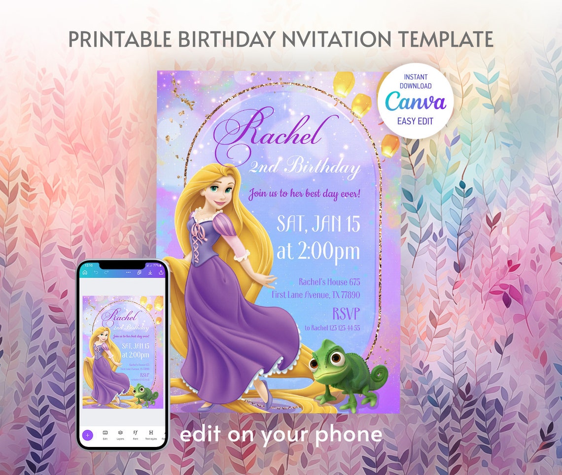 Princess Rapunzel Birthday Invitation, Girl Editable Invite Template ...