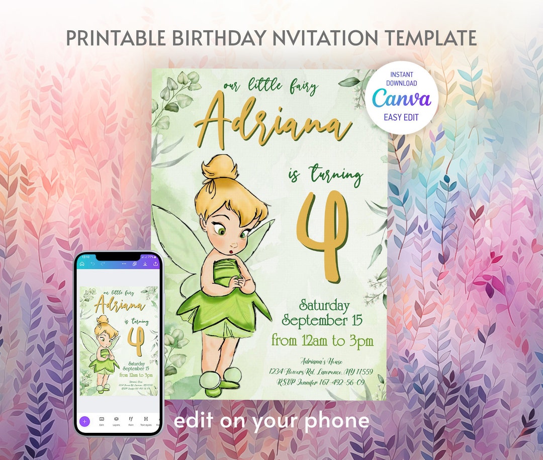 Printable Fairy Tinkerbell Fairy Birthday Invitation, Tinker Bell ...