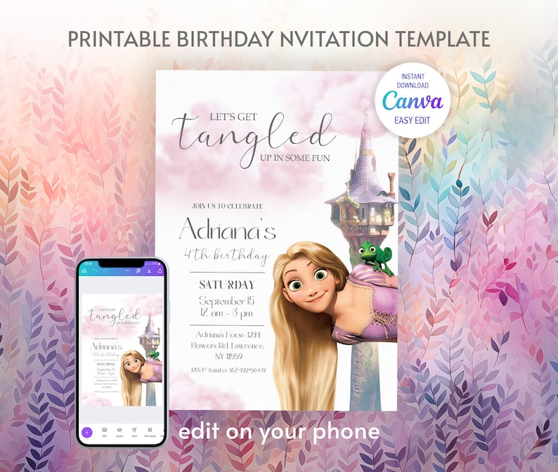 Princess Rapunzel Birthday Invitation, Girl Editable Invite Template ...