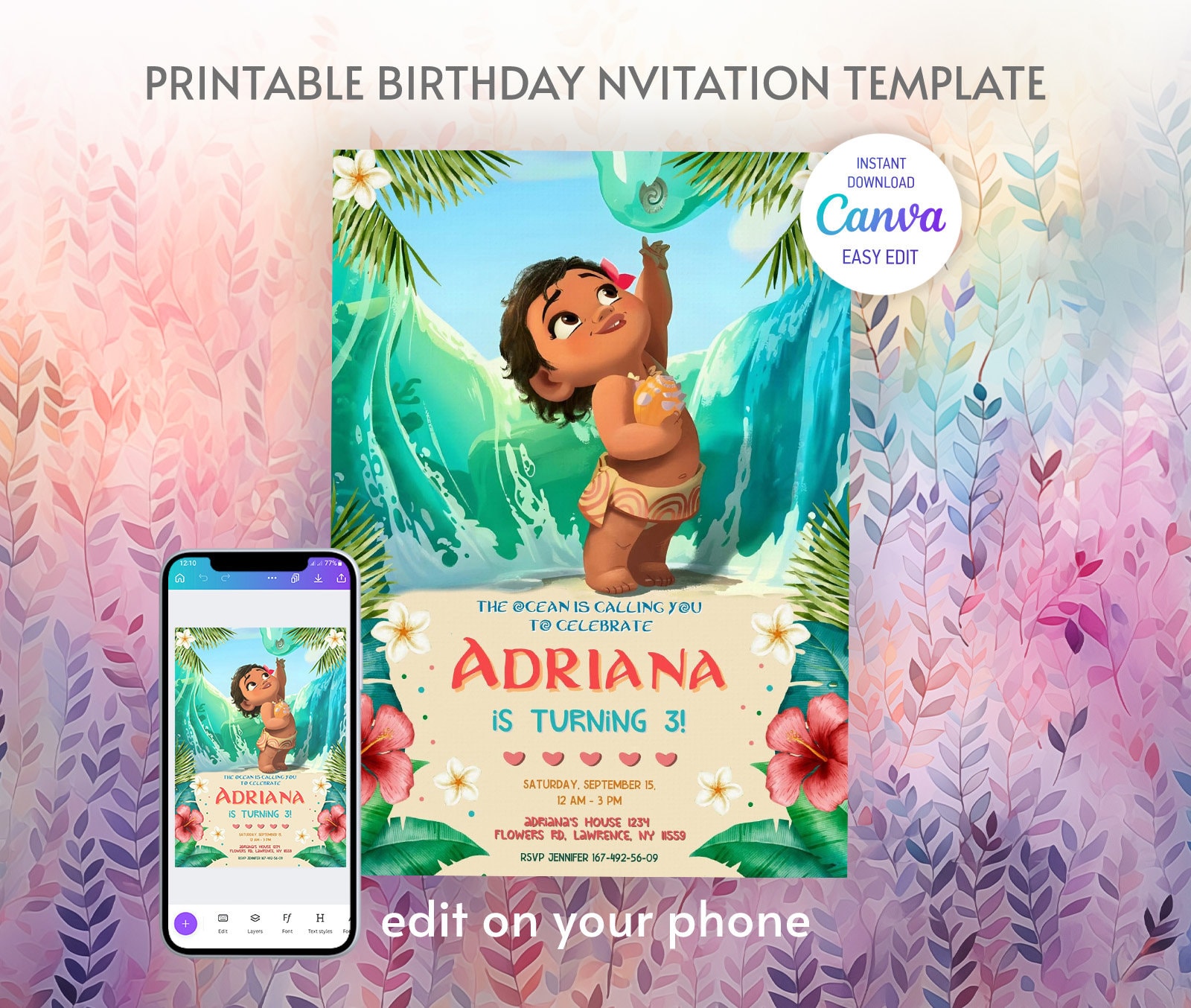 Moana Invitation, Printable Birthday Invitation, Editable Invitation ...