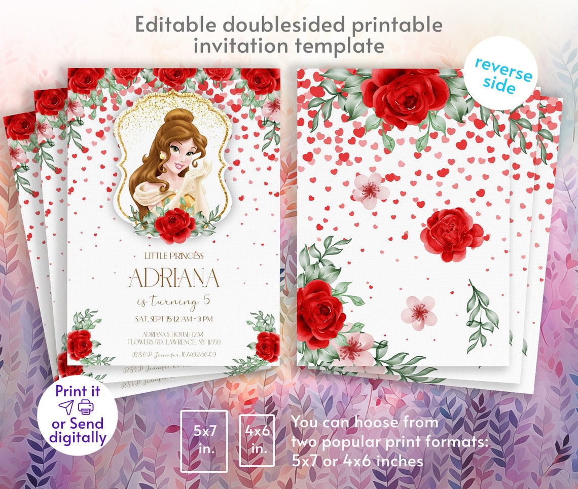 Princess Belle Birthday Invitation, Girl Editable Invite Template ...