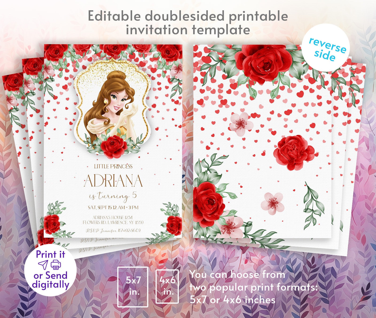 Princess Belle Birthday Invitation, Girl Editable Invite Template ...