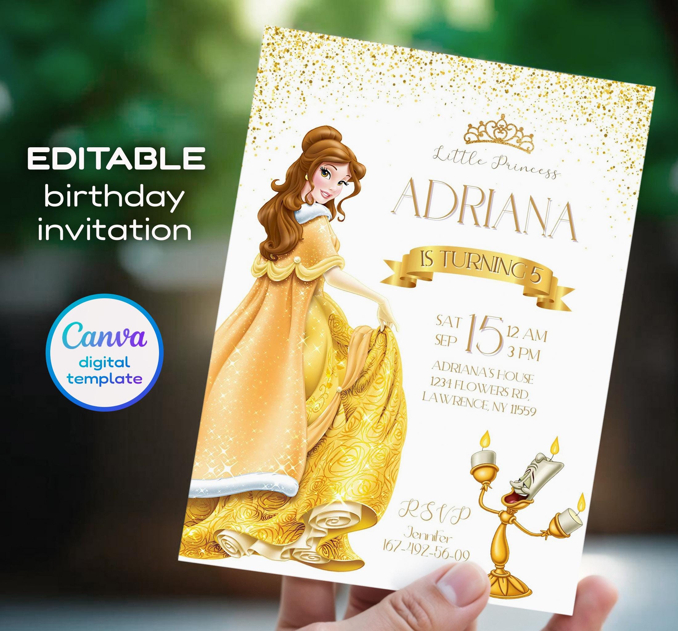 Princess Belle Birthday Invitation, Girl Editable Invite Template ...