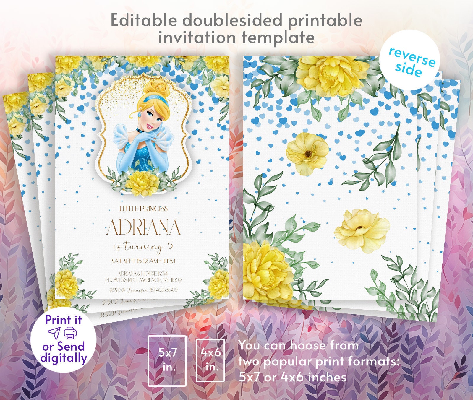 Princess Cinderella Birthday Invitation, Girl Editable Invite Template ...