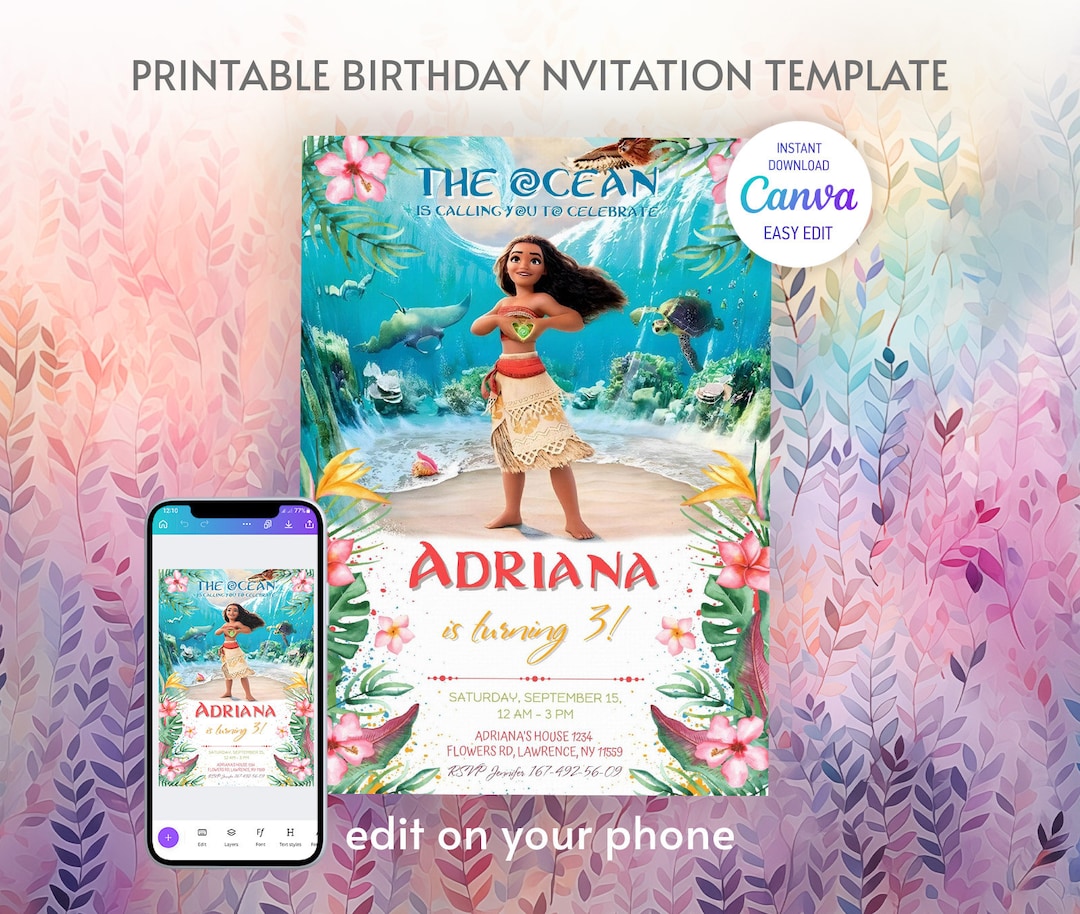 Moana Invitation, Printable Birthday Invitation, Editable Invitation ...