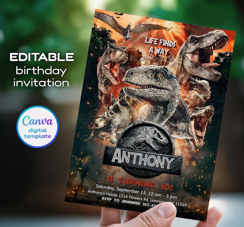 Dinosaur Printable Birthday Invitation, Dino Birthday Invite, Park ...
