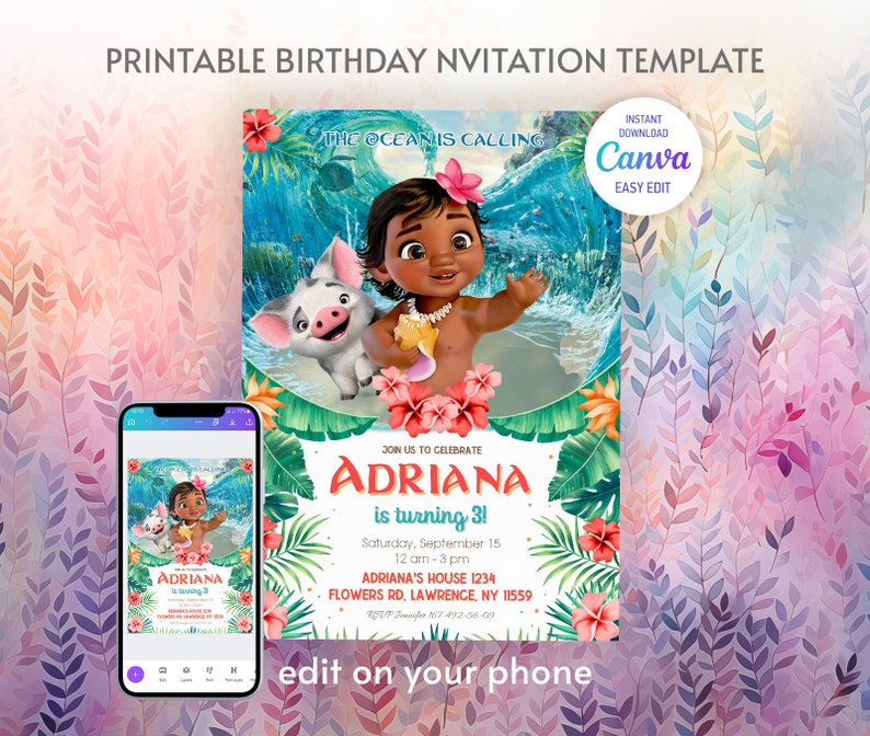Moana Invitation, Printable Birthday Invitation, Editable Invitation ...