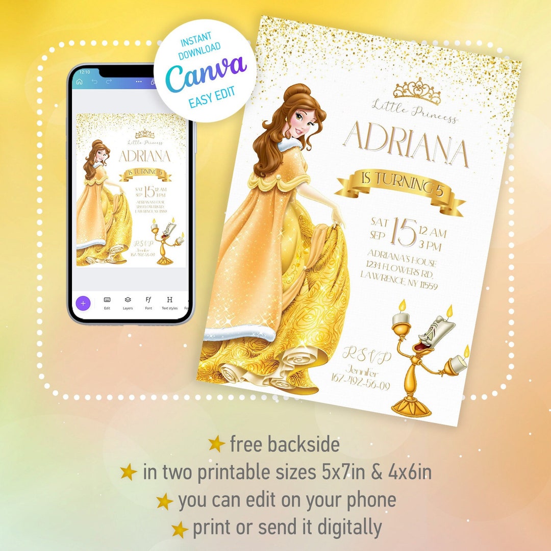 Princess Belle Birthday Invitation Girl Editable Invite - Etsy